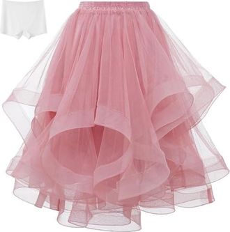 Generic Jupe Midi en Tulle pour Femme, Jupe Ample en Maille Superpos&eacute;e avec Ourlet Ondul&eacute;, Taille Haute &Eacute;lastique, Jupe Volumineuse pour Soir&eacute;e Et Usage Quoti