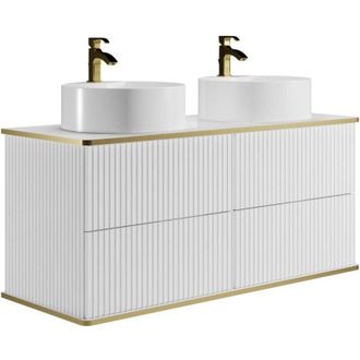 Vente-Unique Meuble de salle de bain suspendu strié liseré doré avec double vasque à poser ronde - Blanc - 120 cm - keliza