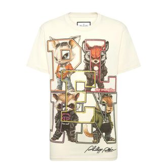 Philipp Plein Homme, Tops, Blanc, Taille: XS T-Shirt Col Rond College Animals Outline