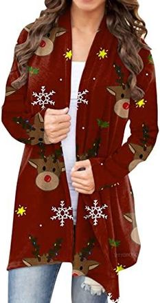 Generic Cardigan d&eacute;contract&eacute; tendance pour femme, imprim&eacute; de No&euml;l, cardigan ouvert sur le devant, cardigan d&eacute;contract&eacute;, cardigan l&eacute;ger, cardigan pull, manteau