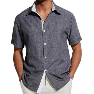 Generic Chemises en lin pour homme &agrave; manches courtes boutonn&eacute;es - Col rabattu - Tendance - Contraste - Vacances d&eacute;t&eacute; - Chemise de plage d&eacute;contract&eacute;e - Chemisi