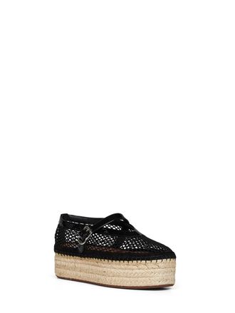 Alaia Womens Wedge Espadrilles Black Fishnet & Patent Leather Lambskin Flat Shoes