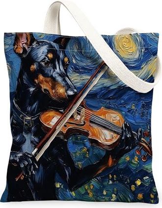 Generic Doberman Sac fourre-tout en toile r&eacute;utilisable pour le shopping Motif violon &eacute;toil&eacute; nocturne 33 x 38 cm