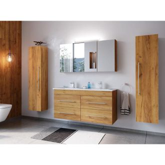Magnolia Home Badm&ouml;belset Helios 4-teilig Spiegelschrank 2x Hochschrank eiche gold
