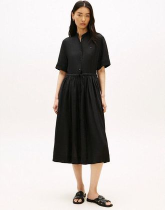 Tommy Hilfiger Sommerkleid ESS LINEN SHORT SLEEVE SHIRT DRESS in Midi-L&auml;nge, mit Taillen-Band zum Binden