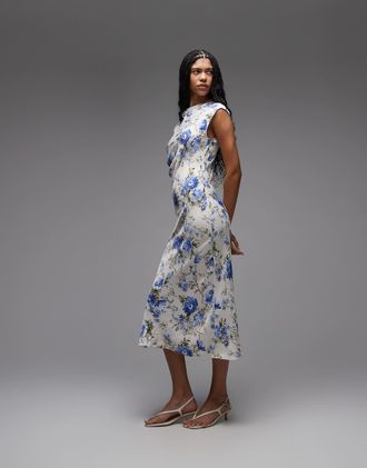 & Other Stories Robe mi-longue &agrave; encolure bateau - Bleu fleuri-Blanc