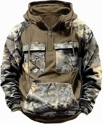 Generic Sweat à capuche camouflage patchwork 1/4 avec fermeture éclair 1/4 pour homme, manches longues, épais, multipoches, pour lhiver, décontracté, tendance