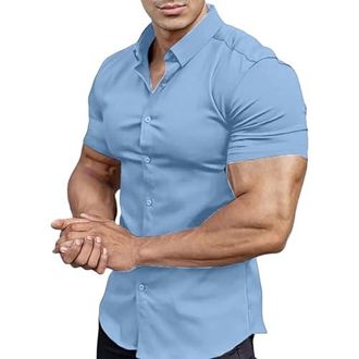 Generic Chemise habill&eacute;e coupe ajust&eacute;e pour homme, chemise daffaires &agrave; manches courtes, couleur unie, chemises formelles grande taille, hauts boutonn&eacute;s, haut 