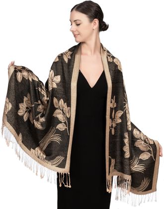 achillea Weicher, seidiger, wendbarer Paisleymuster, Pashmina-Schal mit Fransen, Blumenmuster, Schwarz und Gold, 28 W x 76 L