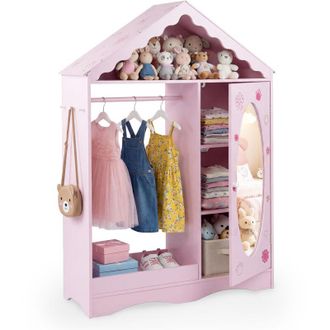 Costway Rangement pour D&eacute;guisements dEnfants avec Miroir, Armoire avec Toit, Portant Ouvert, &Eacute;tag&egrave;res et Crochets, Armoire pour Chambre dEnfant, Salle de