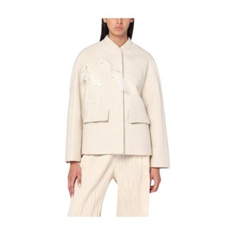 Mark Kenly Domino Tan Veste textur&eacute;e en m&eacute;lange de laine avec d&eacute;tail appliqu&eacute; - Femme - Vestes - Blanc - Taille: 40 FR