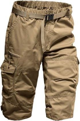 Generic Short cargo dété pour homme - Coupe décontractée - 7 poches - Taille élastique - En coton - Pour la randonnée, le jogging, le sport en plein air, kaki