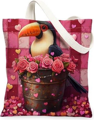 Generic Sac fourre-tout en toile motif oiseau toucan pour faire du shopping, 33 x 38,1 cm, sac d&eacute;picerie r&eacute;utilisable pour la Saint-Valentin, sac d&eacute;picerie po