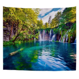 A.Monamour Wanddekor Wandteppiche Sonnen Durch Gr&uuml;nen Wald Tress Wasserfall Berg Blau See Wasser Nationalpark Natur Landschaft Stoff Wand Wandbeh&auml;nge Vorh&auml;nge Vo