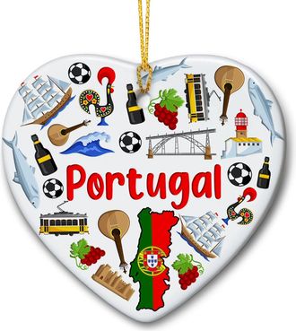 Generic Keramik Weihnachts Ornamente Portugal Herz Ornamente F&uuml;r Weihnachtsbaum Christbaum H&auml;ngeornamente Mit Seil 7.3Cm