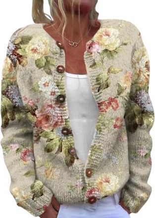 Onsoyours Femme Cardigan Manches Longues Mode Veste Courte Lâché Gilets en Tricot Imprimé Chandail Chaud Bouton Ouvert Blouson Sweater Automne Hiver Manteau Cha