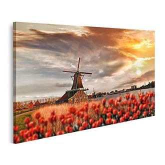 Islandburner Tableau sur toile Moulins &agrave; vent traditionnels n&eacute;erlandais avec tulipes rouges &agrave; Zaanse Schans Amsterda Tableaux Impressions x Salon