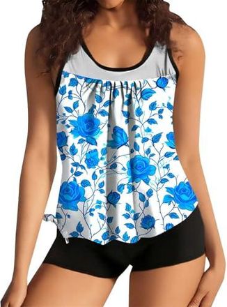 Generic Ensemble tankini imprim&eacute; conservateur pour femme - Maillot de bain fendu &agrave; motif floral avec coussinets de soutien-gorge int&eacute;gr&eacute;s et short boyshort, m
