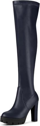 Allegra K Femmes Talons Plateforme Talon Chunky sur Bottes Hauteur Genou Bleu Marin 39