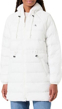 Calvin Klein Damen Daunenmantel Lightweight Logo Mid Length mit Kapuze, Wei&szlig; (Snow White), XS