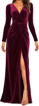 Minetom Robe Velours Femme Longue Hiver &Eacute;l&eacute;gante Col V Manches Longues C&eacute;r&eacute;monie Cocktail Mariage Soir&eacute;e F&ecirc;te Dress A Violet XL