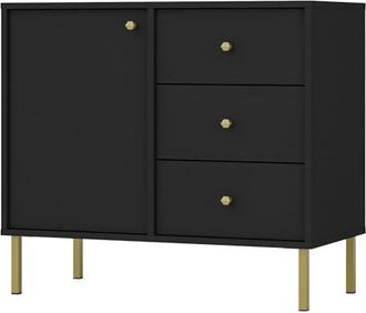 Selsey Kommode Schwarz-Graphit Mit Schubladen 73,9x83,6x40,8 cm - Moderne Oktio-Möbelkollektion - 1 Tür, 3 Schubladen - Laminierte Spanplatte - Goldene Metal