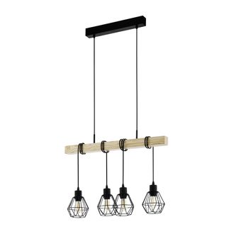 Eglo Pendellampe Townshend 5, 4 flammige Vintage Pendelleuchte im Industrial Design, Retro H&auml;ngelampe aus Stahl und Holz, Farbe Schwarz, braun, FSC zertifi
