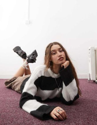 Noisy May Pull oversize en maille duveteuse - Noir et taupe rayé