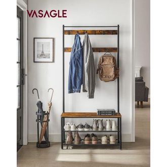 Vasagle Vasagle - Portemanteau avec banc et &eacute;tag&egrave;res &agrave; chaussures - 9 crochets doubles - Cadre en acier - Dimensions 32x85x175 cm - Marron rustique et noir