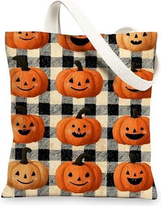 Generic Sacs fourre-tout en toile dHalloween, motif citrouille, sacs dépicerie réutilisables, rustiques, rustiques, légers et lavables avec bandoulière, Orang