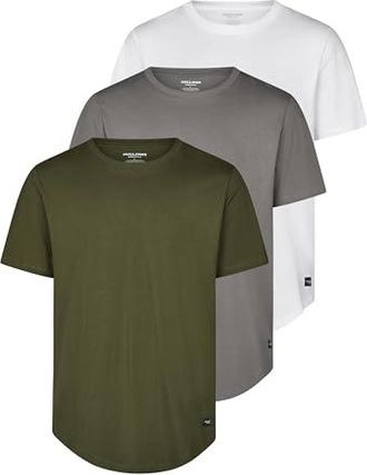 Jack & Jones JJENOA Lot de 3 t-shirts pour homme, coupe longue, 100 % coton biologique, coupe droite, col rond, manches courtes, noir, blanc, beige, vert, gris, ta
