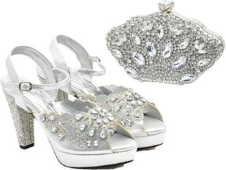 Generic Escarpins à bout ouvert pour femme et sac assorti pour fête de mariage dans un design élégant dinspiration italienne, Argenté., 40.5 EU