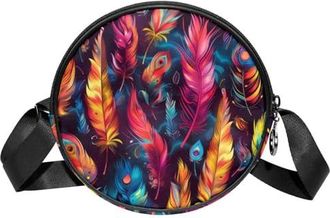 Generic Sac &agrave; bandouli&egrave;re rond pour femme, motif plumes doiseaux, petit sac &agrave; bandouli&egrave;re avec fermeture &eacute;clair, bretelles r&eacute;glables, sac &agrave; main rond d&eacute;contra