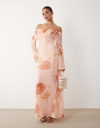 Asos Schulterfreies, lang&auml;rmliges Netzstoff-Maxikleid in Rosa mit drapiertem Ausschnitt