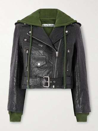 Acne Studios Mehrlagige Bikerjacke Aus Strukturiertem Leder Und Biobaumwoll-jersey - Schwarz