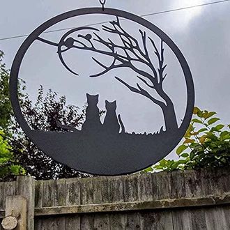 Generic Sculpture Murale en métal, Arbre de Vie, décoration Murale en Forme de Chat Mignon, décoration Murale en métal Chat et Lune pour café extérieur, Jardi