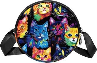 Generic Sac &agrave; bandouli&egrave;re rond pour femme, motif chat color&eacute;, petit sac &agrave; bandouli&egrave;re avec fermeture &eacute;clair, bretelles r&eacute;glables, sac &agrave; main rond d&eacute;contract&eacute; 