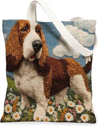 Generic Sac fourre-tout en toile motif chien basset printanier 33 x 38,1 cm, sac d&eacute;picerie r&eacute;utilisable pour femme, sac d&eacute;picerie amusant pour animal domestiq