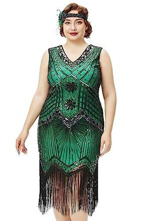 Babeyond Robe à Franges et col en V pour Femme, Style 1920 Gatsby Le Magnifique, Vert, Taille 4XL