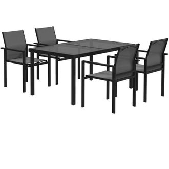 OUTSUNNY Ensemble table de jardin rectangulaire et 4 chaises empilables m&eacute;tal textli&egrave;ne verre tremp&eacute; noir