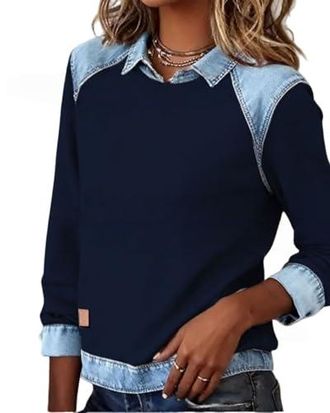 Generic Sweats en denim patchwork pour femme, col en denim, patchwork cousu, pull de No&euml;l d&eacute;contract&eacute;, noir fonc&eacute;, 3XL