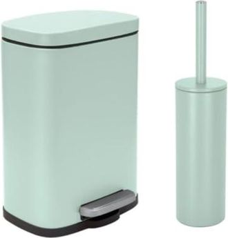 Spirella Treteimer-Set + WC-B&uuml;rste aus Stahl Akira - Soft-Close, Anti-Fingerabdruck - 21,4 x 17,6 x 30 cm - 5L - Mattes Eisgr&uuml;n