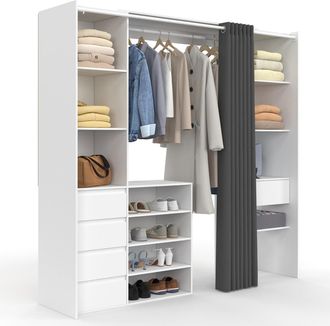 IDMarket MERYL XXL Ausziehbarer Doppel Kleiderschrank 120/180 cm weiß mit Schubladen + Einlegeböden + Kleiderschrank + Vorhang grau