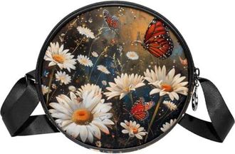 Generic Sac &agrave; bandouli&egrave;re rond pour femme, motif papillons, marguerites, petit sac &agrave; bandouli&egrave;re avec fermeture &eacute;clair, bretelles r&eacute;glables, sac &agrave; main rond d