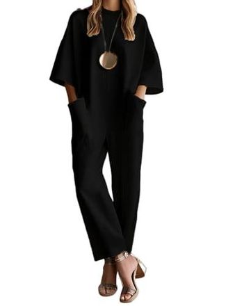 Minetom Combinaison Femme Chic Col Rond Jumpsuit Une Pi&egrave;ce Tenue Soir&eacute;e F&ecirc;te Overall B Noir XXL