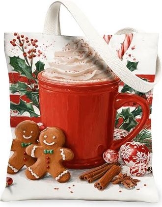 Generic Sacs fourre-tout en toile de pain d&eacute;pice de No&euml;l, sacs d&eacute;picerie r&eacute;utilisables, l&eacute;gers et lavables pour le shopping, les voyages, 33 x 38 cm