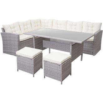 Hhg Poly-Rattan-Garnitur HHG-471, Gartengarnitur Sitzgruppe Lounge-Esstisch-Set Sofa hellgrau, Kissen creme + 2x Hocker