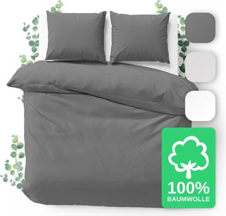 Jacobson Bettwäsche 200x220 Set - 100% Baumwolle Bettbezug 200x220 cm + 2 Kissenbezüge 80x80 cm, Perkal Bettwäsche 3-teilig mit Reißverschluss (200x220cm, Anth