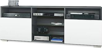 Vladon Meuble TV Granada, Lowboard avec 2 Portes et 6 Compartiments Ouverts, Corps Anthracite Mat, façades en Blanc Mat (146 x 54 x 35 cm)