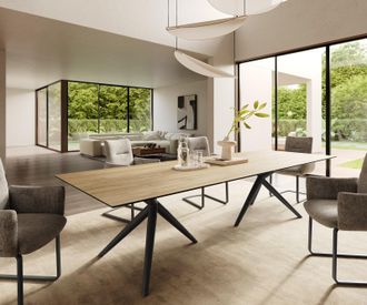 DELIFE Esstisch Edge 300x100 Keramik Laminam Sabbia Eichefarbig Estelar rund Metall Schwarz, Esstische